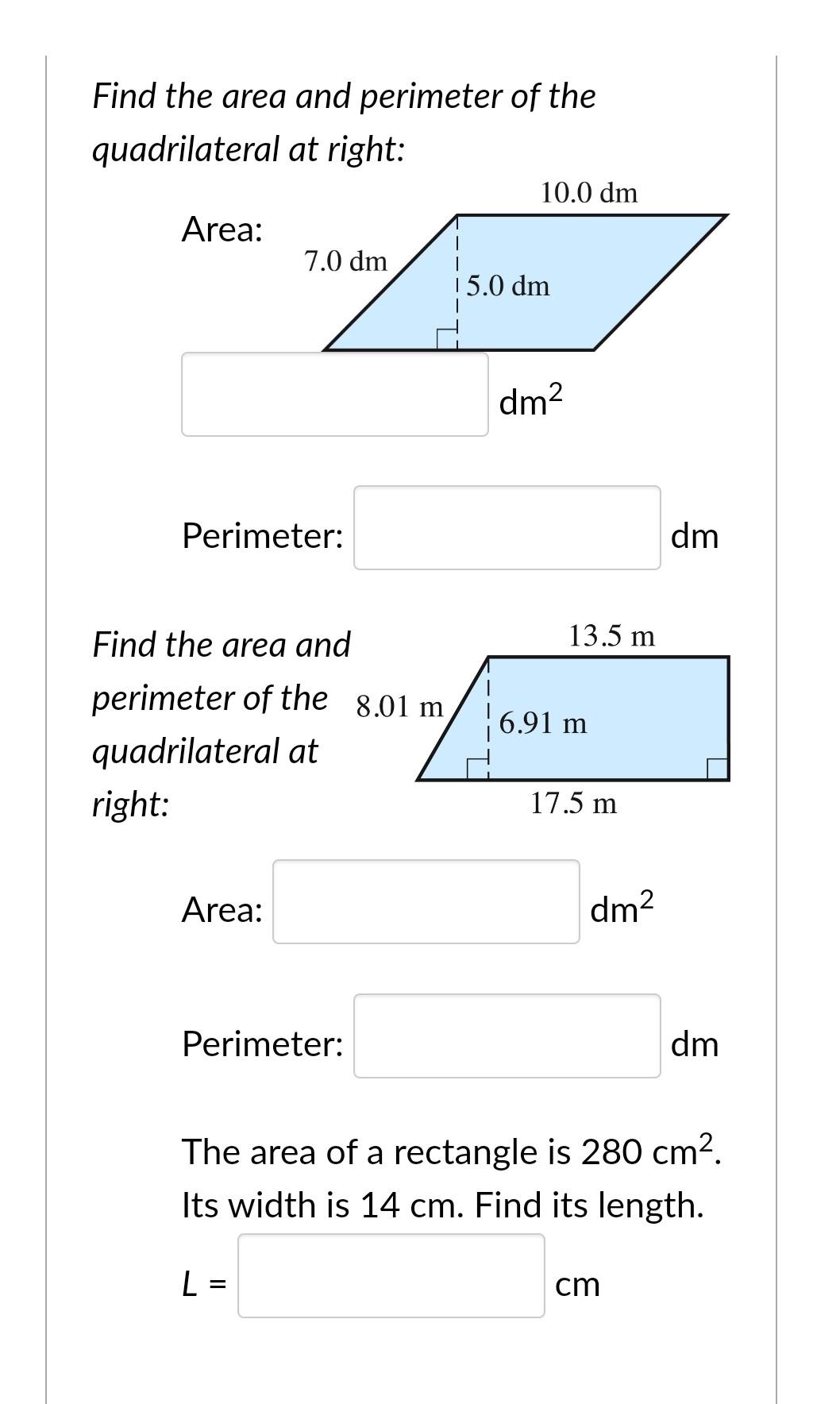 Solved Find the area and perimeter of the quadrilateral at | Chegg.com