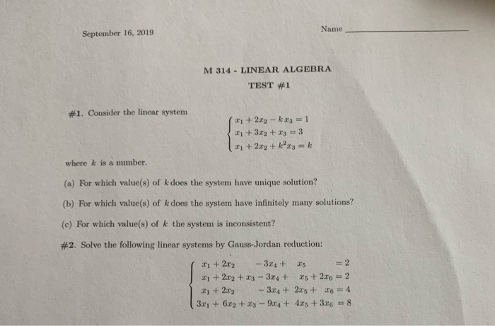 Solved Name September 16, 2019 M 314 - LINEAR ALGEBRA TEST | Chegg.com
