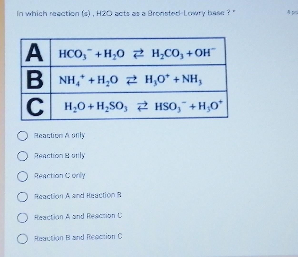 Solved In which reaction (s), H20 acts as a Bronsted-Lowry | Chegg.com