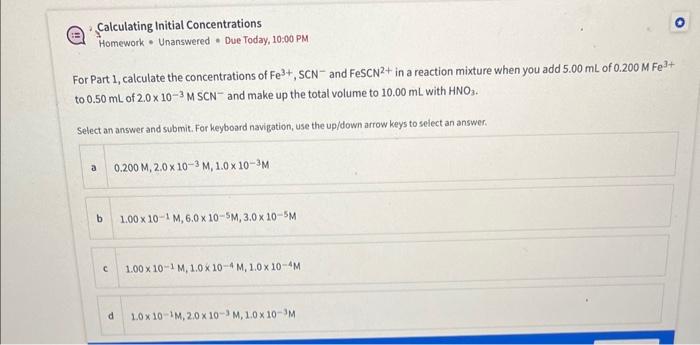 Solved Calculating Initial Concentrations Homework = | Chegg.com