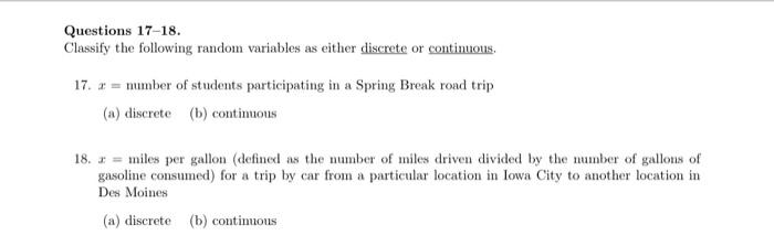 Solved Questions 17-18. Classify the following random | Chegg.com