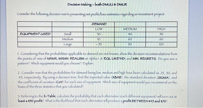 Solved Decision Making - both DMUUC \& DMCIR Consider the | Chegg.com