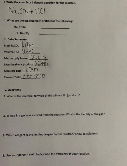 Solved 1. Write the complete balanced equation for the | Chegg.com