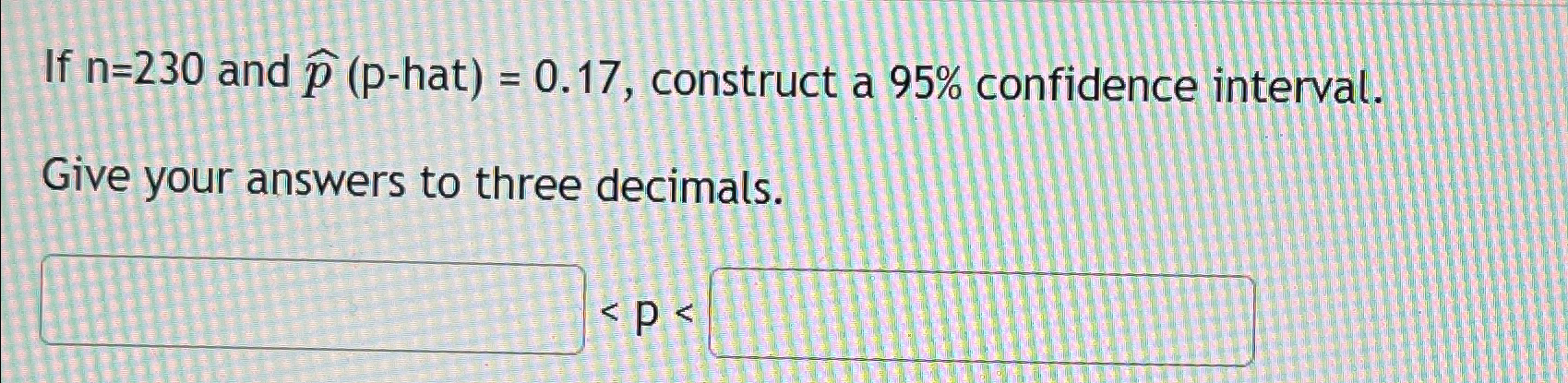 Solved If n=230 ﻿and widehat(p) (p-hat) =0.17, ﻿construct a | Chegg.com