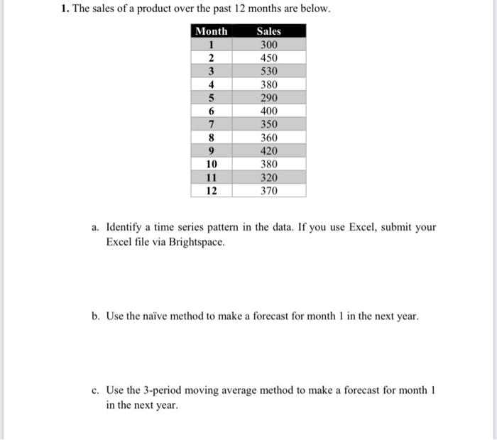 Solved 1. The sales of a product over the past 12 months are | Chegg.com