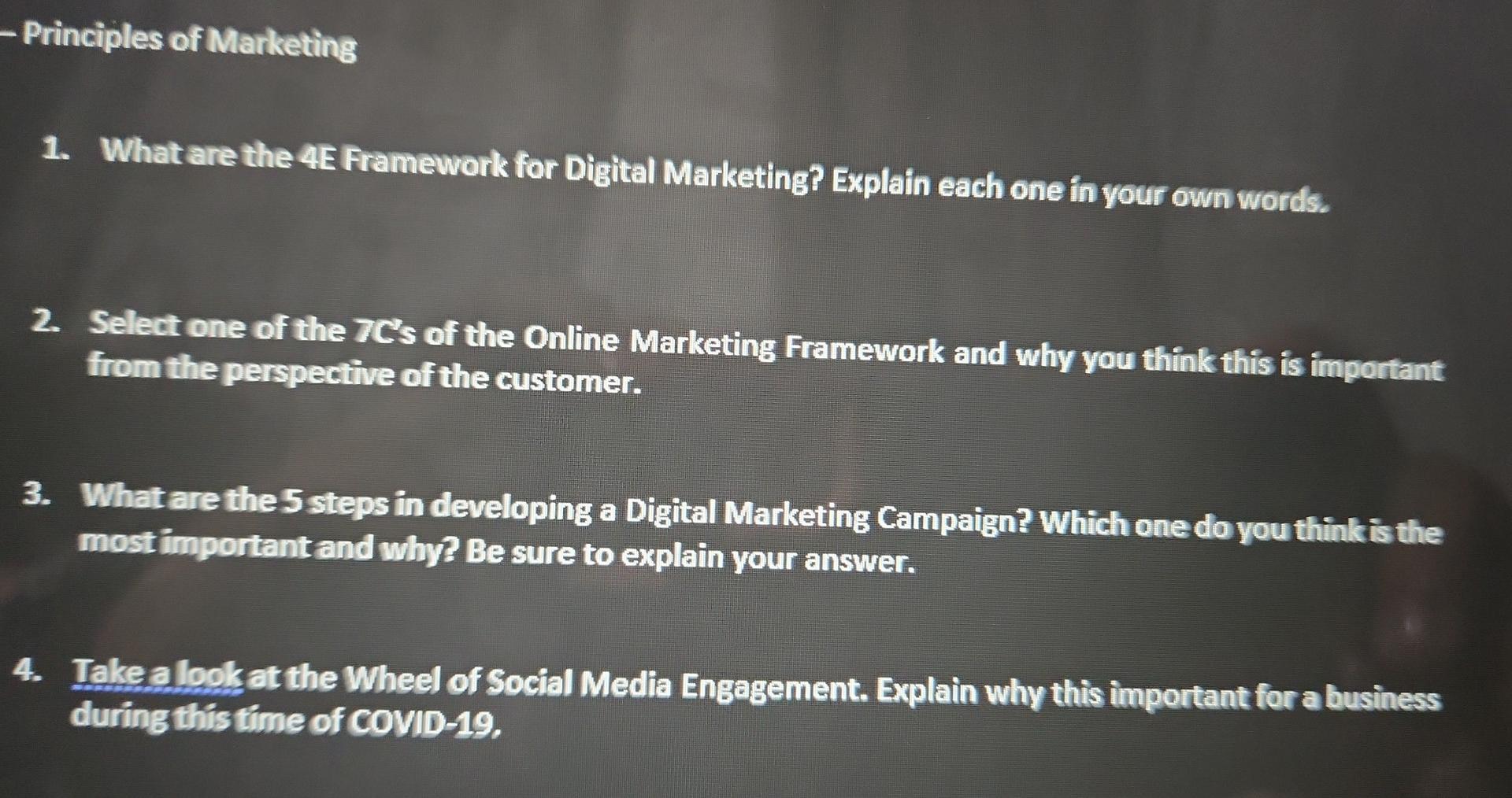 Solved 1. What are the 4E Framework for Digital Marketing? | Chegg.com