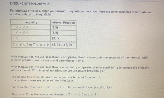 Solved ENTERING INTERVAL ANSWERS For intervals of values, | Chegg.com