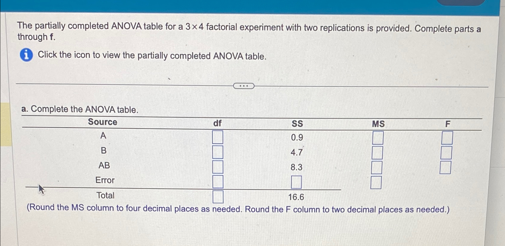 Solved The partially completed ANOVA table for a 3×4 | Chegg.com
