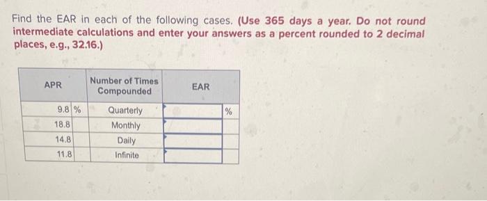 Solved Find the EAR in each of the following cases. (Use 365 | Chegg.com