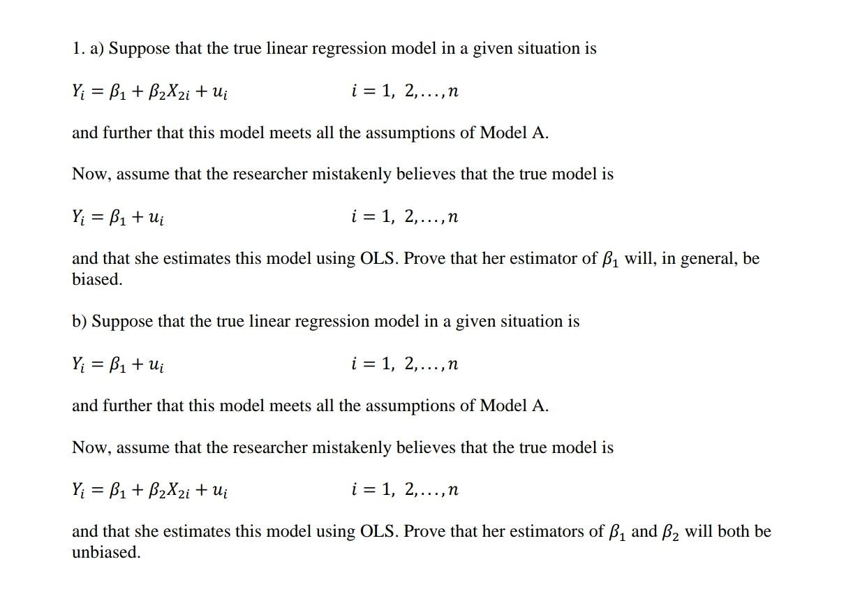 Solved 1. a) Suppose that the true linear regression model | Chegg.com