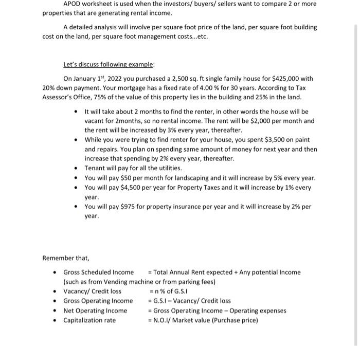 APOD worksheet is used when the investors/ buyers/ | Chegg.com