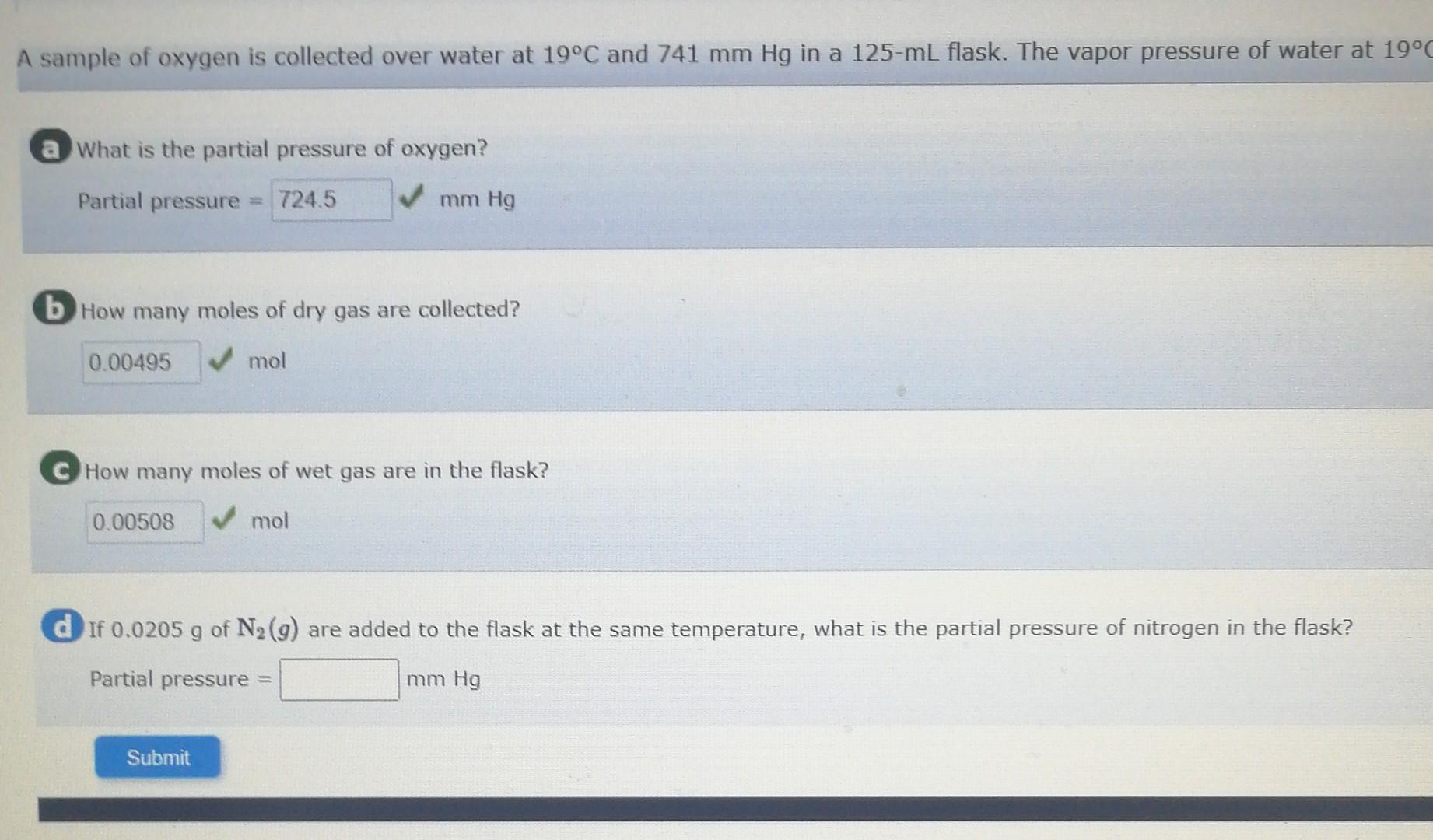 Solved A sample of oxygen is collected over water at 19∘C | Chegg.com