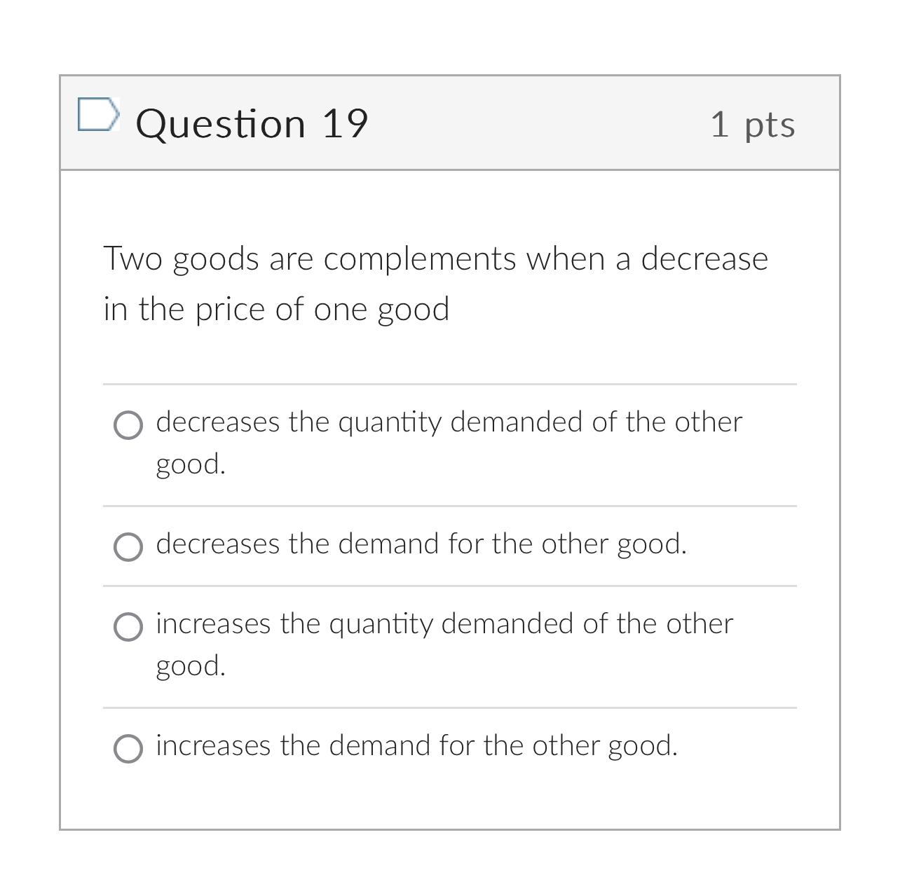 Solved Question 191ptsTwo goods are complements when a | Chegg.com