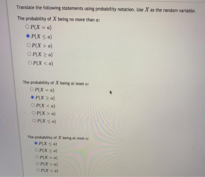 Solved Translate the following statements using probability | Chegg.com