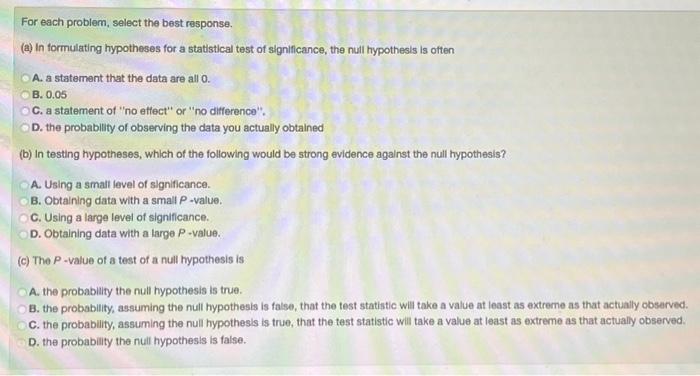 Solved For each problem, select the best response. (a) In | Chegg.com