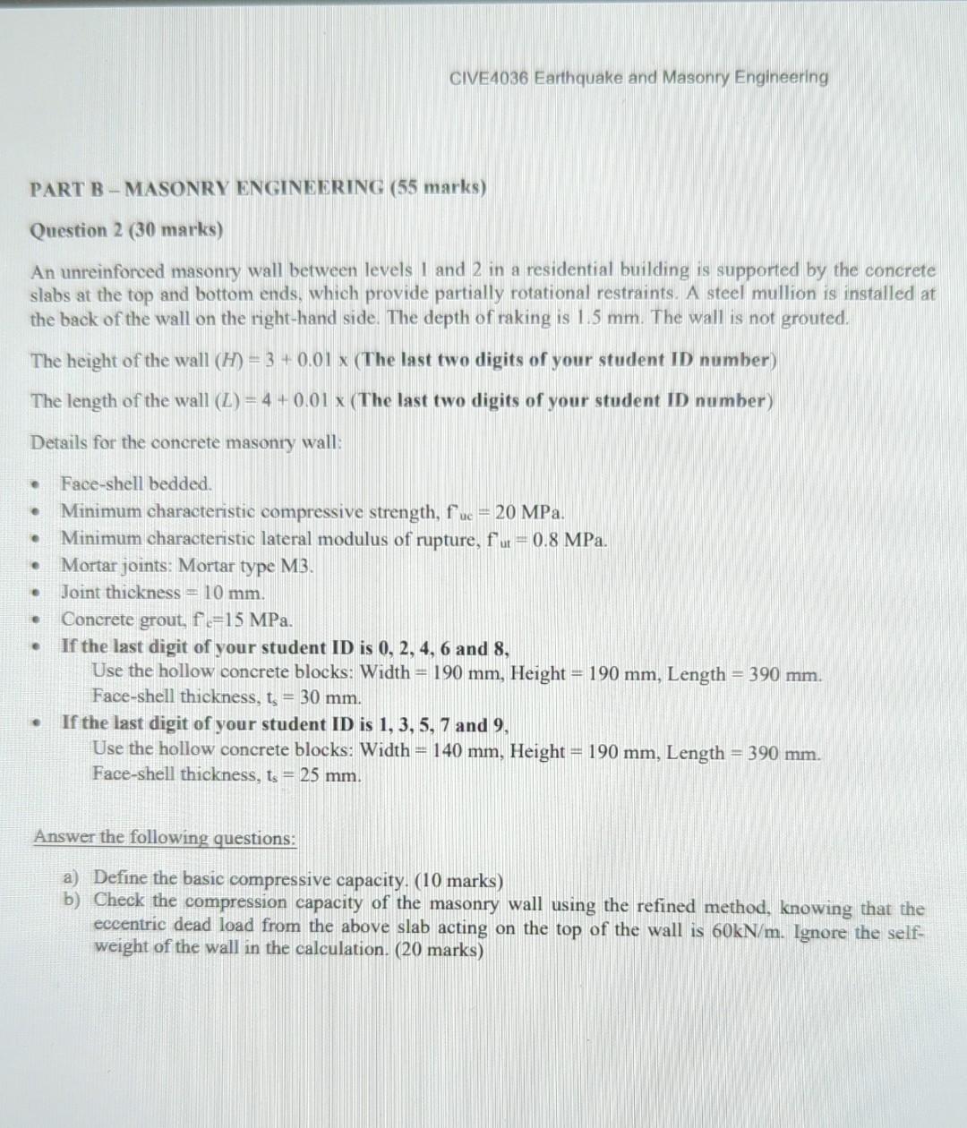 CIVE4036 Earthquake and Masonry Engineering PART B - | Chegg.com