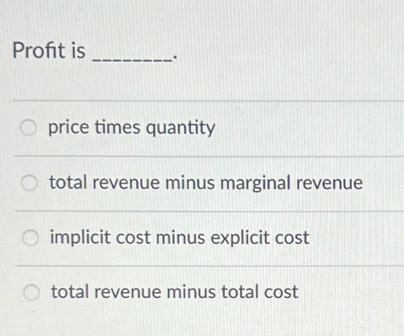 Solved Profit isprice times quantitytotal revenue minus | Chegg.com