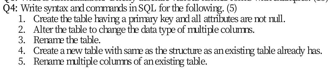 Solved Q4: Write syntax and commands in SQL for the | Chegg.com