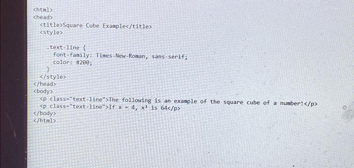 Solved 〈html> cheads 〈title>Square Cube Example -text-line | Chegg.com