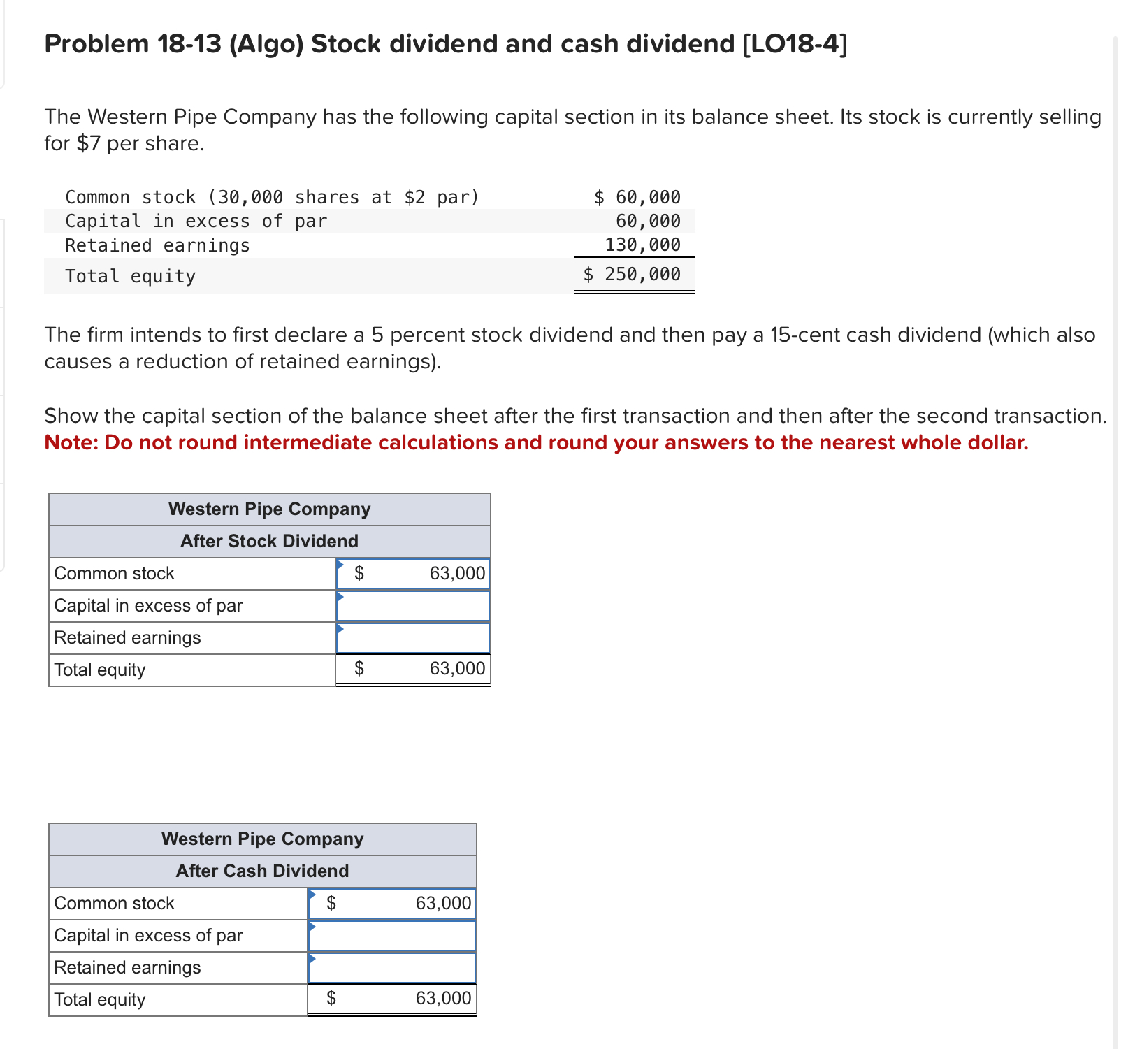 Solved Problem 18-13 (Algo) ﻿Stock dividend and cash | Chegg.com