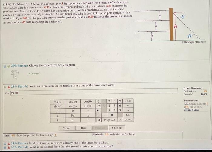 Solved (13\%) Problem 13: A fence post of mass m=5 kg | Chegg.com