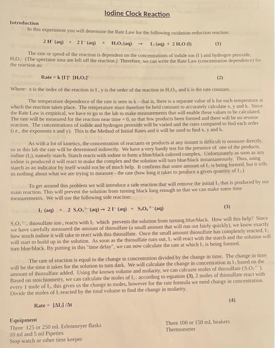 Solved lodine Clock Reaction Introduction In this experiment | Chegg.com