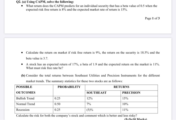 Solved Q2. (a) Using CAPM, solve the following: What return | Chegg.com