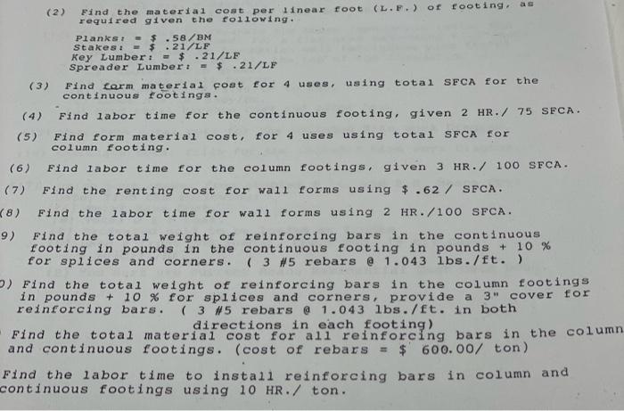 Solved (2) Find the material cost per linear foot (L.F.) of | Chegg.com