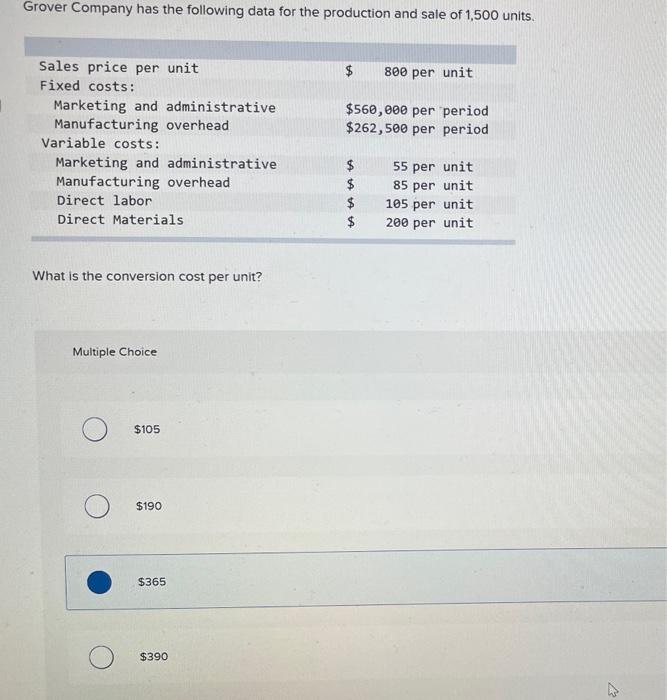 Solved Grover Company has the following data for the | Chegg.com