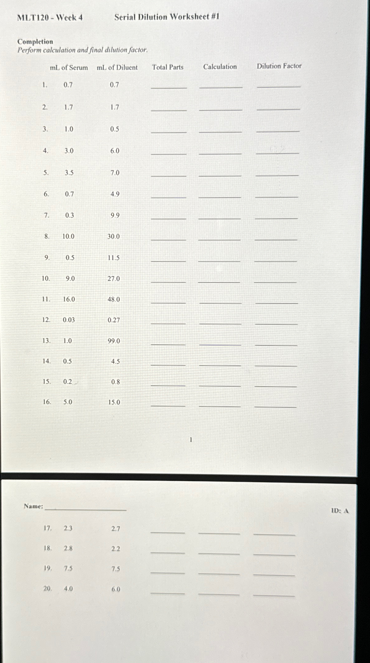 Solved MLT120 - ﻿Week 4Serial Dilution Worksheet | Chegg.com
