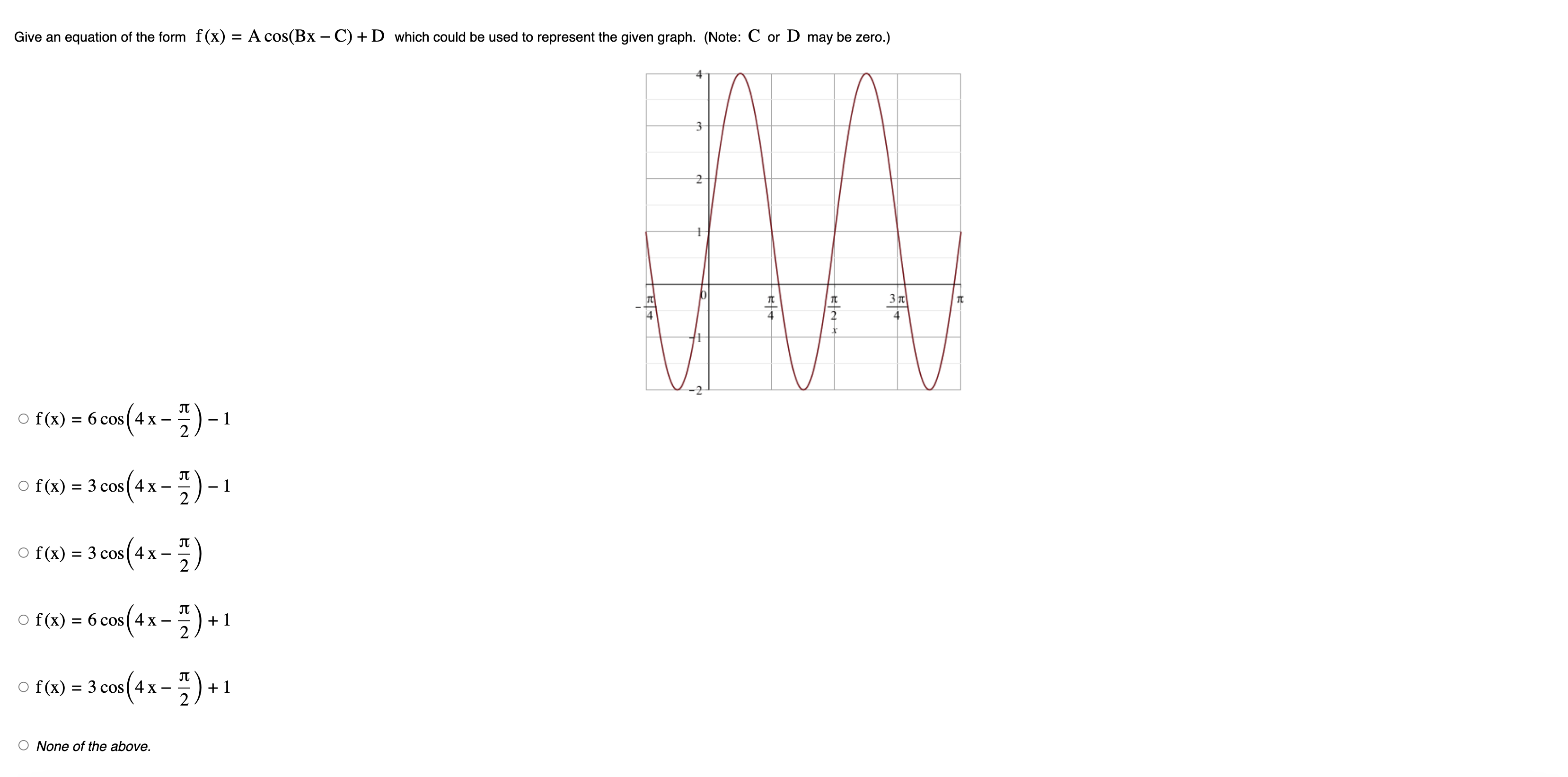 Solved Give an equation of the form f(x)=Acos(Bx-C)+D ﻿which | Chegg.com