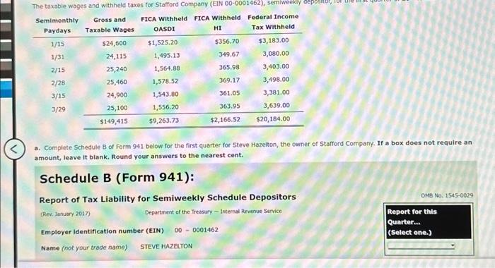 a. Complete Schedule B of Form 941 below for the | Chegg.com