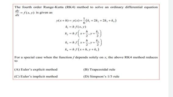 Solved dy The fourth order Runge-Kutta (RK4) method to solve | Chegg.com
