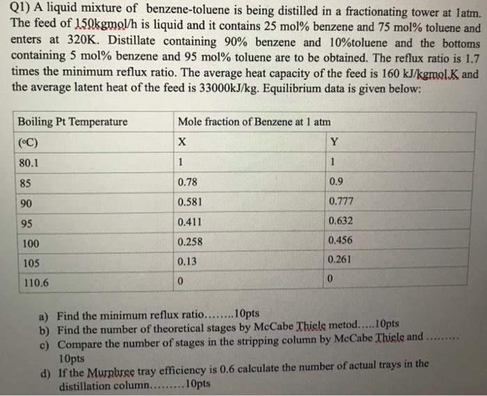 Solved Q1) A liquid mixture of benzene-toluene is being | Chegg.com