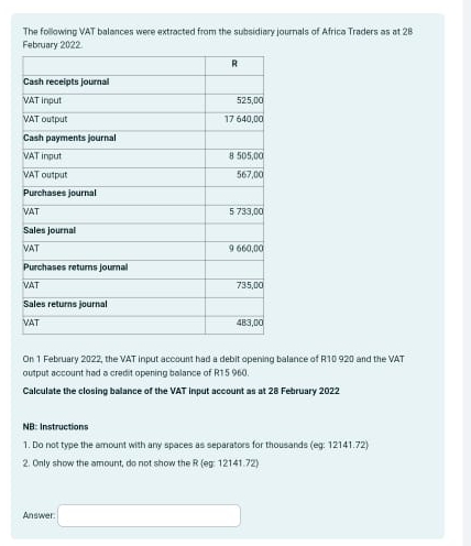 Solved The follawing VAT balances were extracted from the | Chegg.com