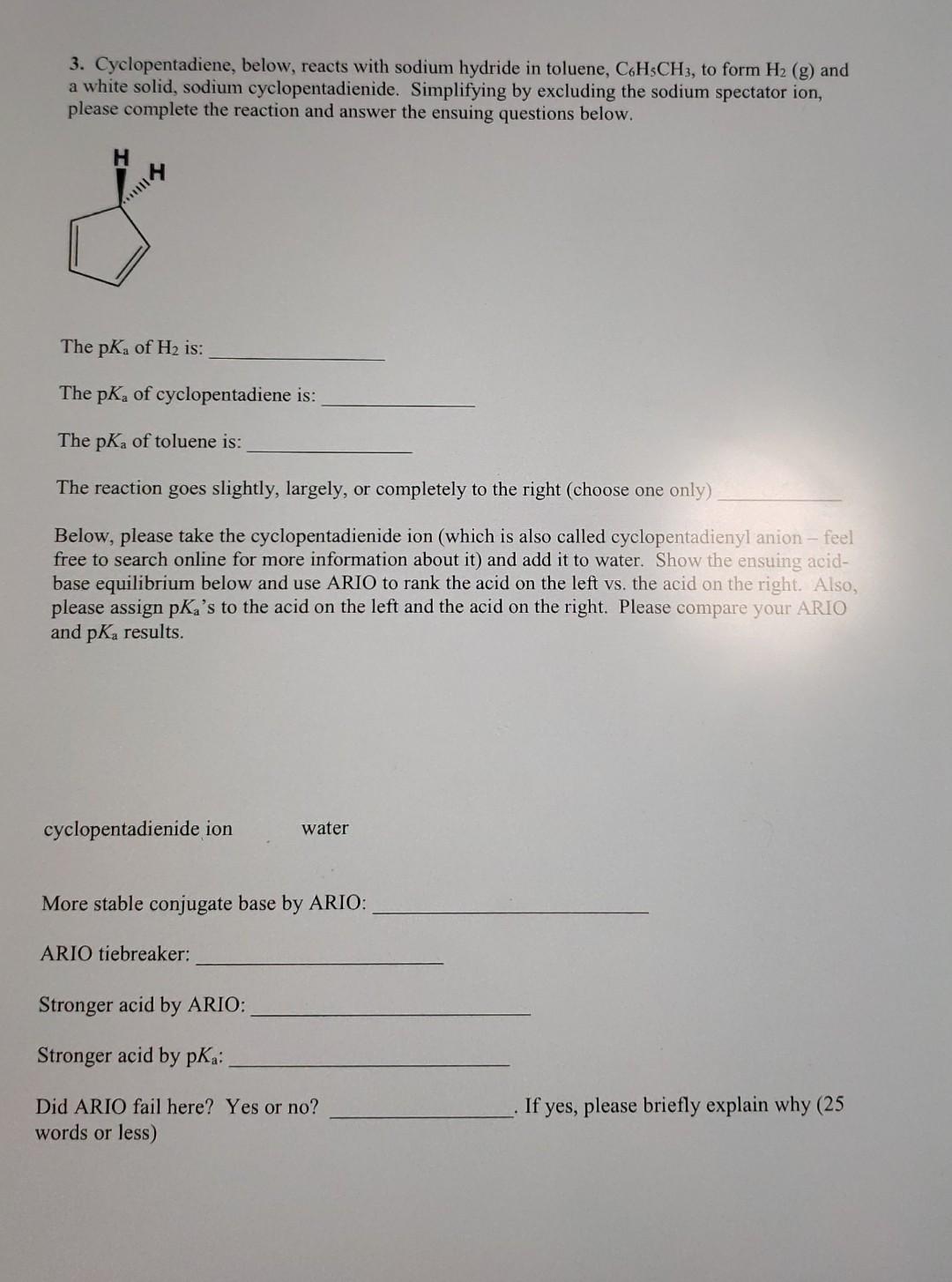 Solved 3. Cyclopentadiene, below, reacts with sodium hydride | Chegg.com