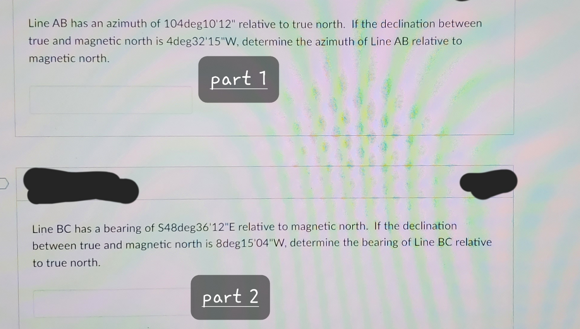 Solved Line AB has an azimuth of 104deg10'12" ﻿relative to | Chegg.com