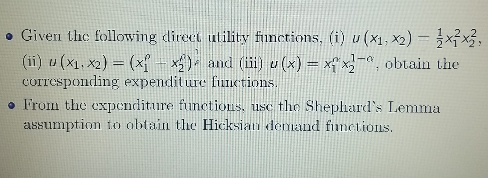 Solved Given the following direct utility functions, | Chegg.com