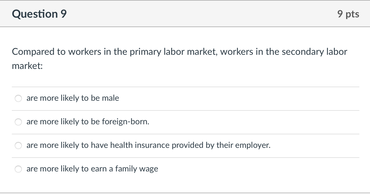 Solved Question 9Compared to workers in the primary labor | Chegg.com