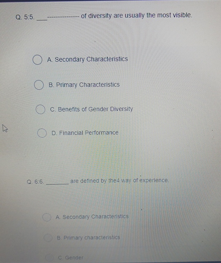 Solved Q. 5:5. ﻿of diversity are usually the most visible.A. | Chegg.com