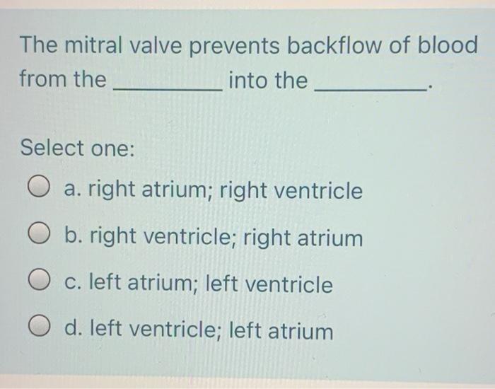 Solved The mitral valve prevents backflow of blood from the | Chegg.com