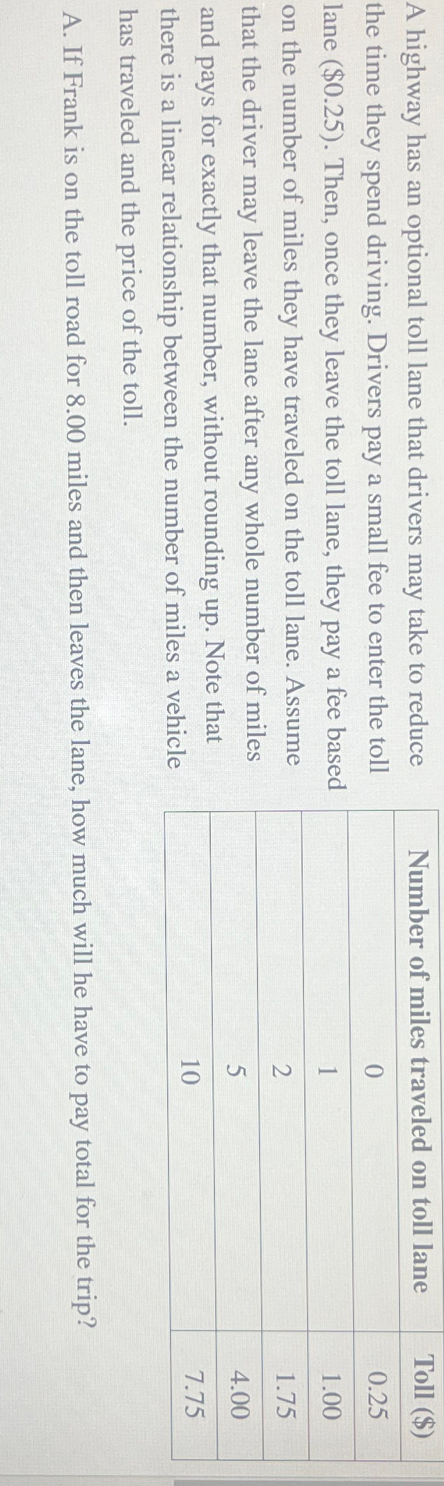 Solved A highway has an optional toll lane that drivers may | Chegg.com
