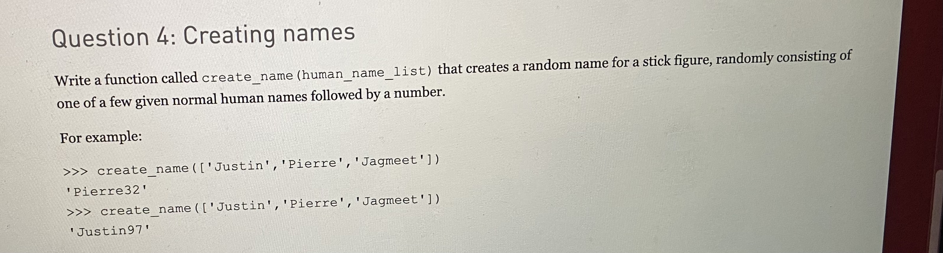 Solved Question 4: Creating namesWrite a function called | Chegg.com