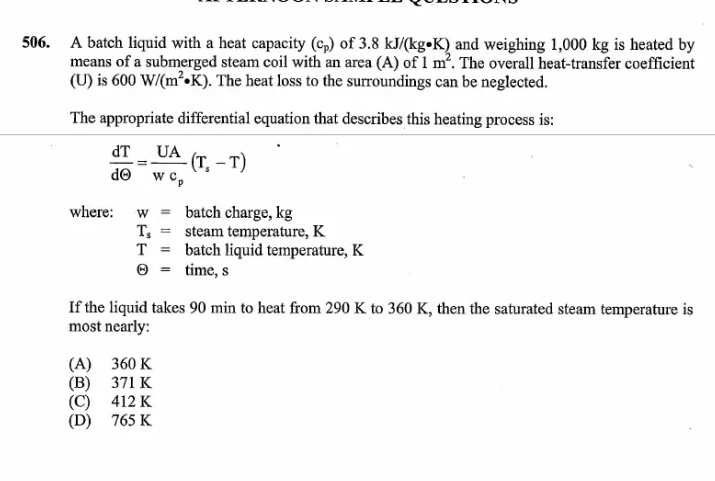 Solved A batch liquid with a heat capacity (cp) ﻿of | Chegg.com