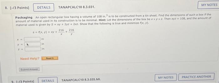 Solved Packaging An open rectangular box having a volume of | Chegg.com