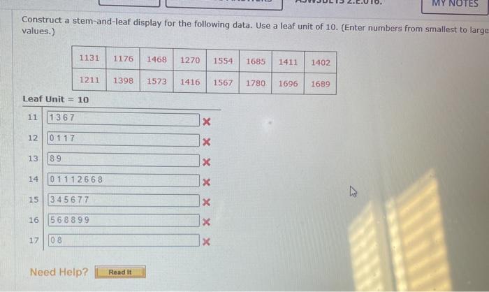 Solved MY NOTES Construct a stem-and-leaf display for the | Chegg.com