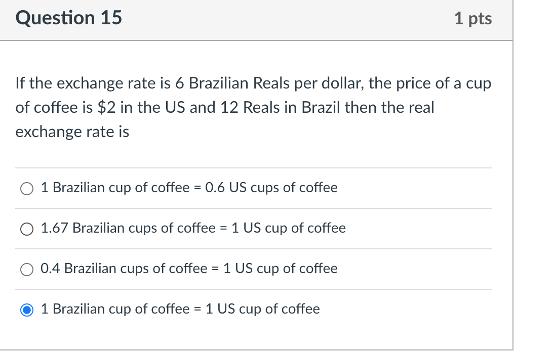 Solved Question 15If the exchange rate is 6 Brazilian Reals | Chegg.com Solved Question 15If the exchange rate is 6 Brazilian Reals | Chegg.com
