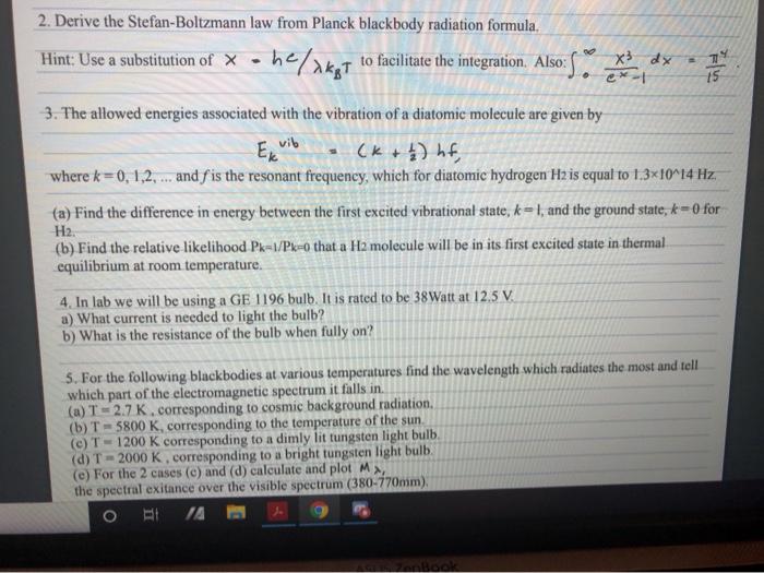 Solved 2. Derive the Stefan-Boltzmann law from Planck | Chegg.com