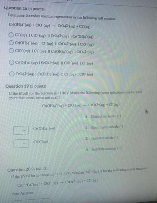 Solved Question 18 4 Points Determine The Redox Reaction