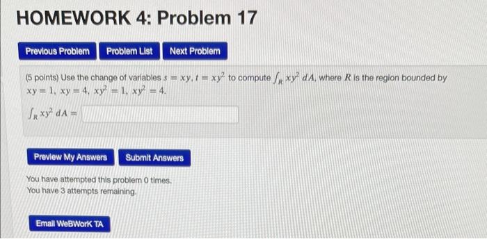 Solved (5 points) Use the change of variables s =xy,t=xy2 to | Chegg.com